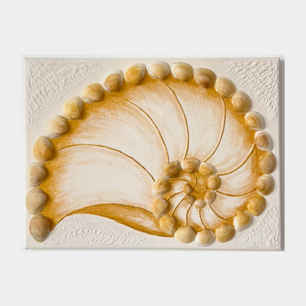 Nautilus - Mixed media, real Anadara shells and liquid gold.
